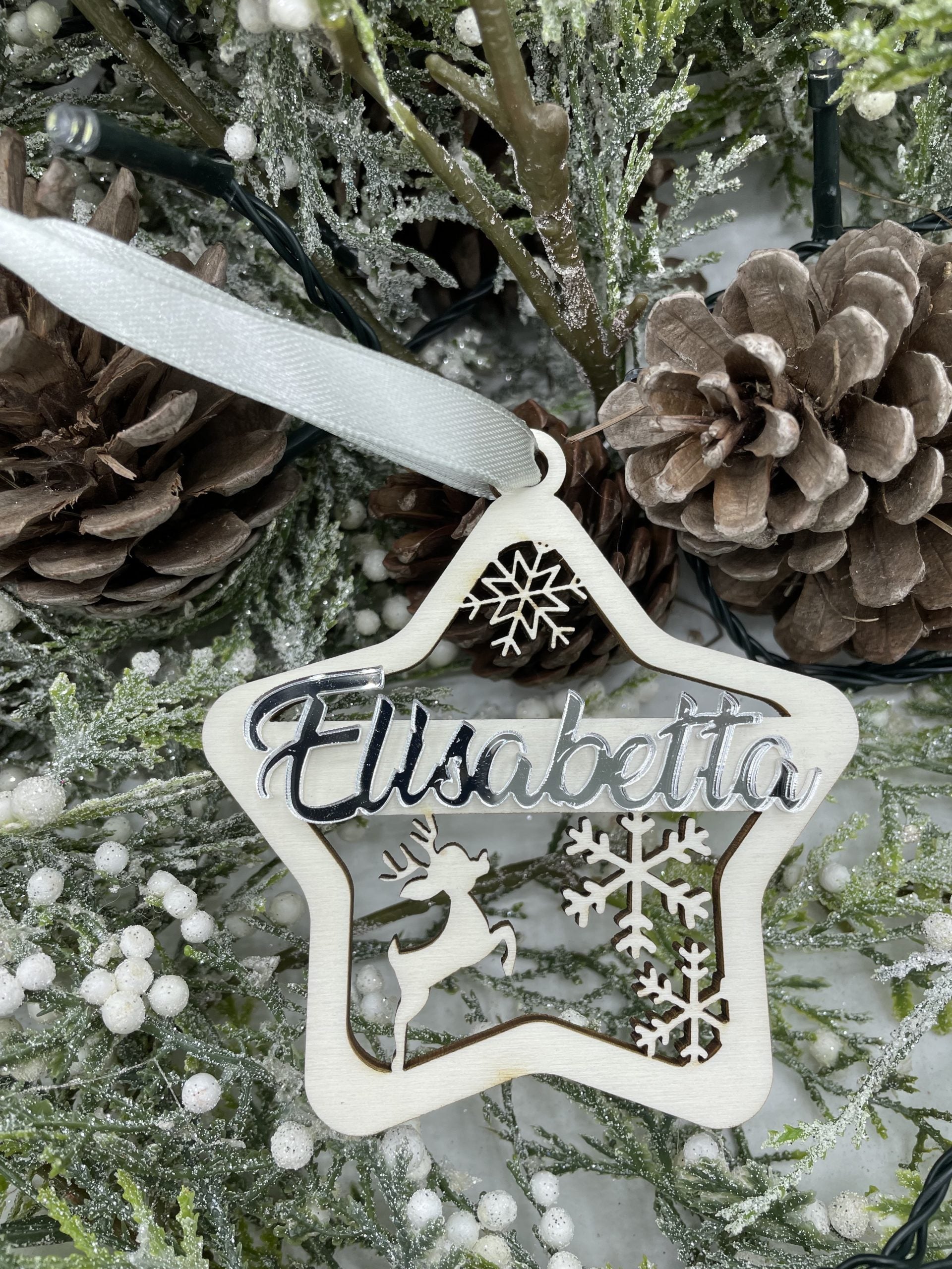 Pallina stella con nome plex fiocchi di neve e renna per addobbi natal ...